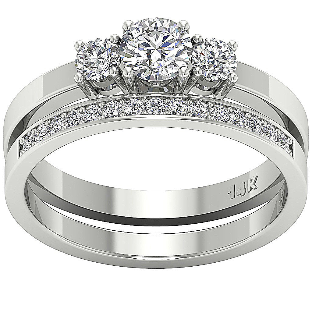 The Enzo 14k Gold Natural Diamond 3 Stone Bridal Wedding Ring Band Set