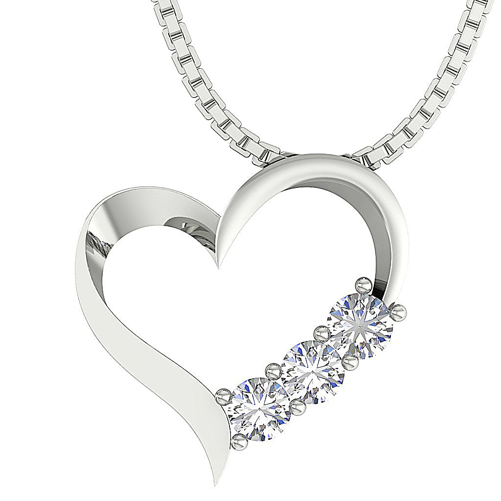 The Rowan 3 Stone Love Of Heart Classic Round Diamond Pendant 14K Soli